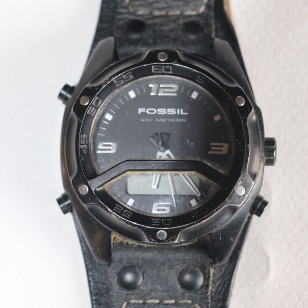 Fossil Analog Digital Watch Men Black Leather Cuff BD-9297 ...