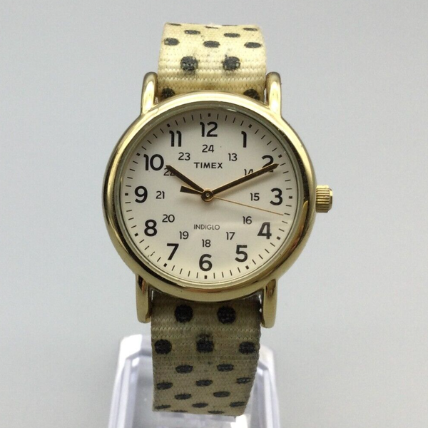 Timex Weekender Watch Women Indiglo 38mm Gold Tone Polka Dot Band New ...