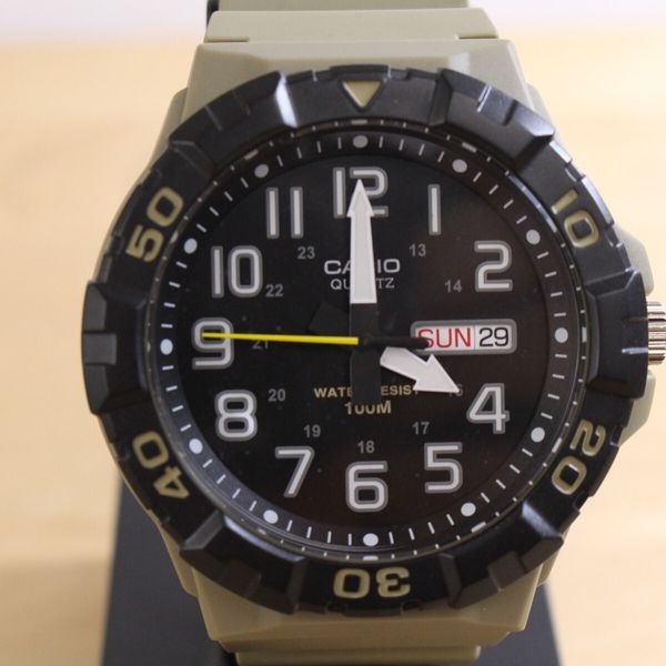 Casio Oversized Analog Black Dial Watch Tan Resin Band, Day/Date, 100m ...