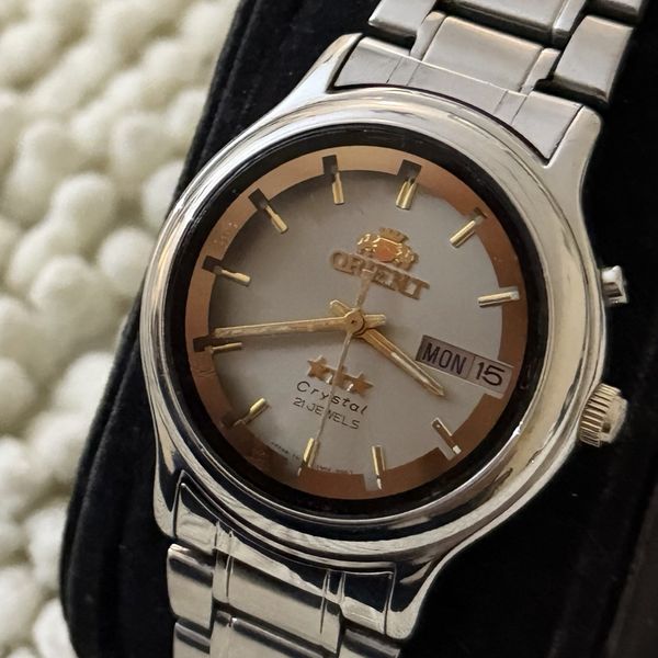 Orient Crystal 21 Jewels Automatic Day Date Grey Dial Vintage Japan ...