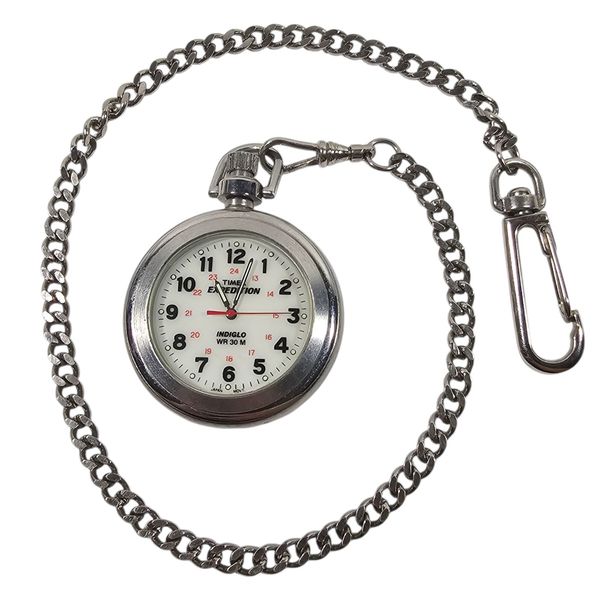 Timex Expedition Indiglo Pocket Watch Silver Tone WR 30 M w/ Chain ...