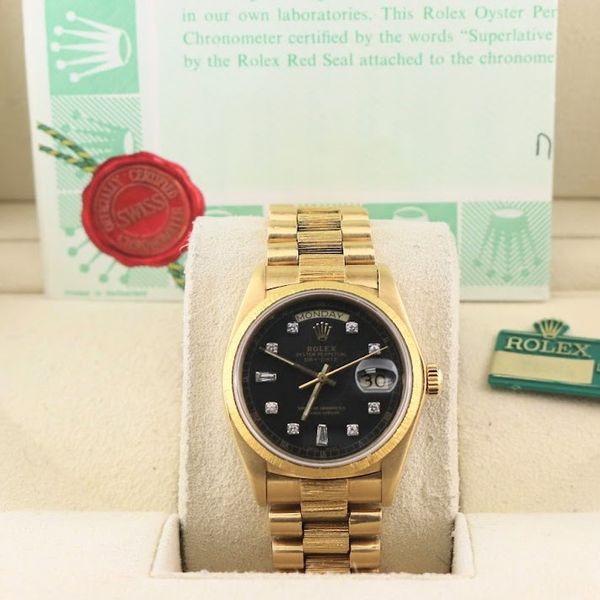 Rolex Day-Date 18078 Black Diamond Dial 18kt President W/Open Papers ...