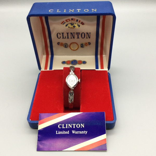 Vintage Clinton Diamond Watch Women Silver Tone in Box New Battery 6.25 ...