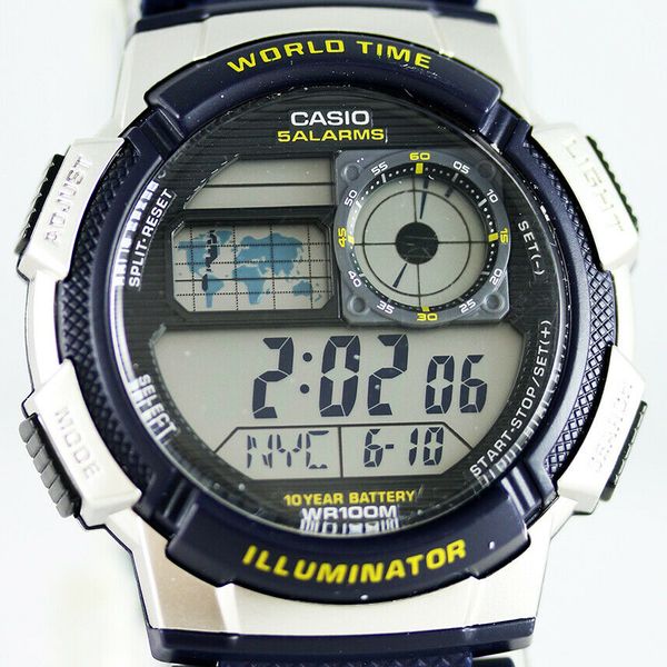 Casio AE1000W-2AV Digital Map Watch 100M WR 10 Year Battery 5 Alarms ...