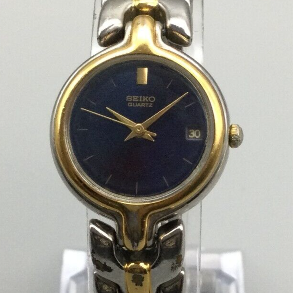 Vtg Seiko Watch Women 22mm Silver Gold Tone Blue Dial 7N82-0248 New ...