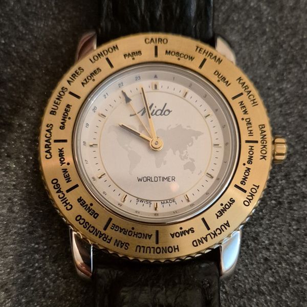 MIDO WORLD TIMER WH-8890 5200 QUARTZ ANALOG DIAL WRISTWATCH JAPAN Box ...