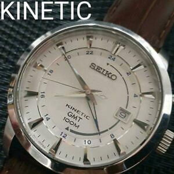 SEIKO KINETIC GMT 100M 5M85-0AC0 Automatic Date White Dial Watch ...