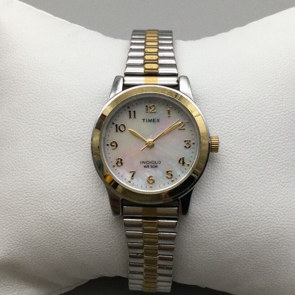 Timex Watch Women 25mm Silver Gold Tone MOP Indiglo Stretch Band New ...