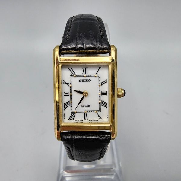 Seiko Solar Tank Watch Women Gold Tone White Dial 18mm Rectangle V115-0BD0 Works | WatchCharts ...