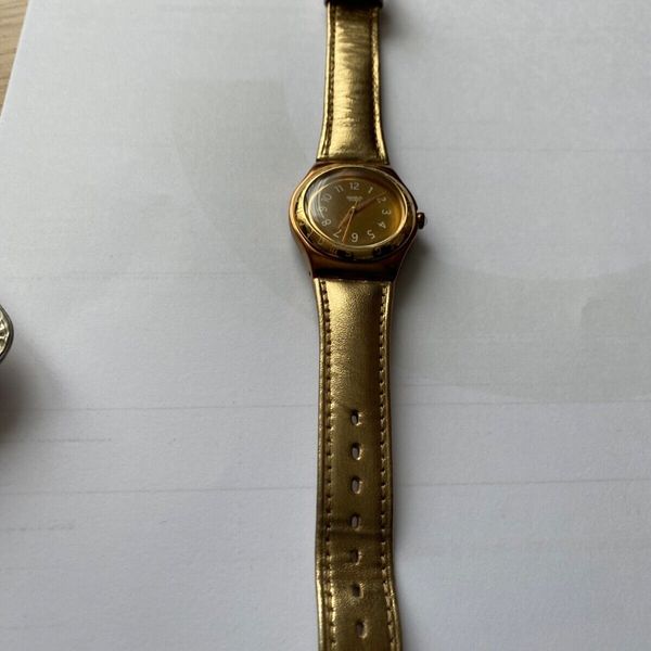 SWATCH gold watch stainless steel with leather strap in good condition ...
