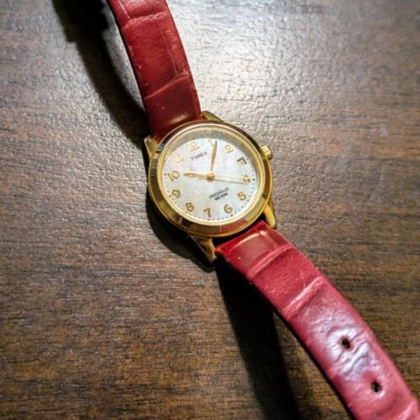 timex indiglo pearl face gold case red brown leather band analog womens ...