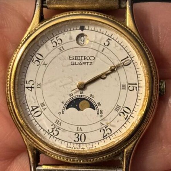 Seiko Moon Phase Watch Men 33mm White Dial Gold Tone Date 6F22-7010 VTG ...