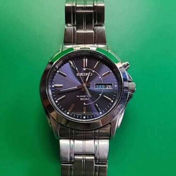SEIKO KINETIC 5M63-0AH0 Blue Dial Day Date Mens Watch Works 6.75" Wrist ...