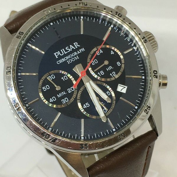 PULSAR MEN'S STAINLESS STEEL CHRONOGRAPH WATCH VD53-X001 BROWN LEATHER ...