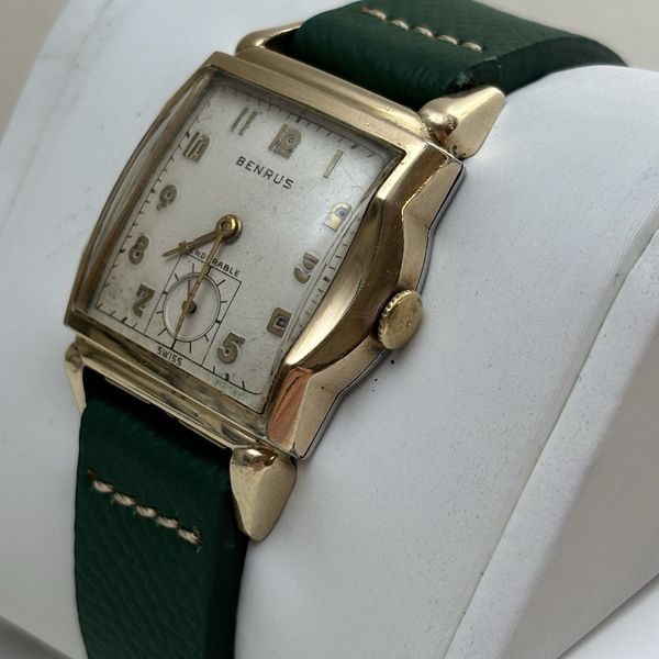 Vintage Benrus Endurable Gold Tone Tank Art Deck Menâ s Watch Green ...
