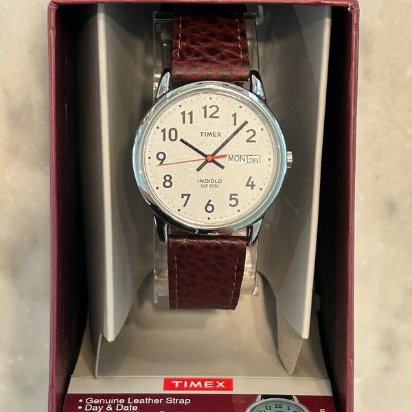 Timex Indiglo Easy Reader Silver Leather Band Watch T20041 - 35 mm Case ...