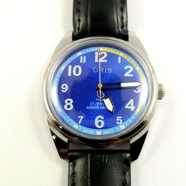 SWISS MADE ORIS 17 Jewels Shock Proof Unique Second Needle Royal Blue ...