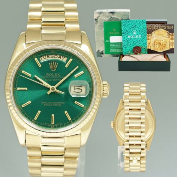 Rolex 36mm President Day Date Green Fluted Bezel 18038 Quick Set Yellow ...