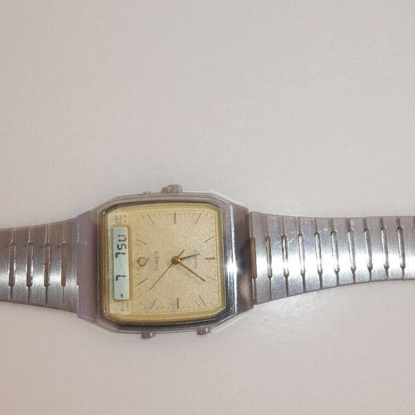 Timex V cell Gents Watch Stainless Steel with Cream Face and Gold Hands ...