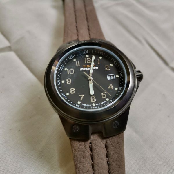 Timex T49631, "Expedition" Brown Leather Watch, Indiglo, Date, 100 ...