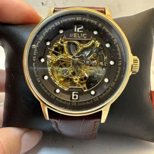 Relic by Fossil Men's Automatic Watch ZR77241 Gold Case Brown Leather ...