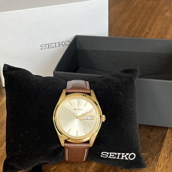 SEIKO Quartz ESSENTIALS Gold-Tone Brown Leather Men's Watch - SUR450 ...