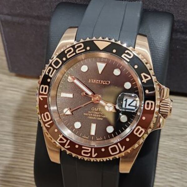 Seiko GMT Diver Root Beer Automatic Date Watch Ceramic Bezel Luminous ...