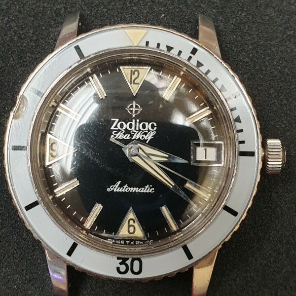 Vintage Zodiac Seawolf Automatic Watch 35mm Light Grey Bezel Black Dial ...