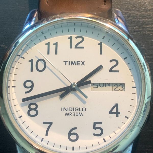 Timex Indiglo watch silvertone case, white face, needs battery ...
