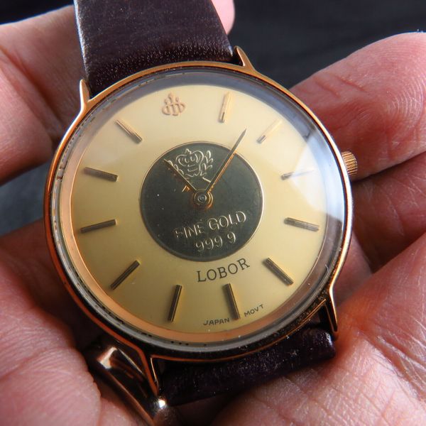 NEW 23K GOLD PLATED LOBOR FINE GOLD 999.9 DIAL QUARTZ MEN WATCH ...