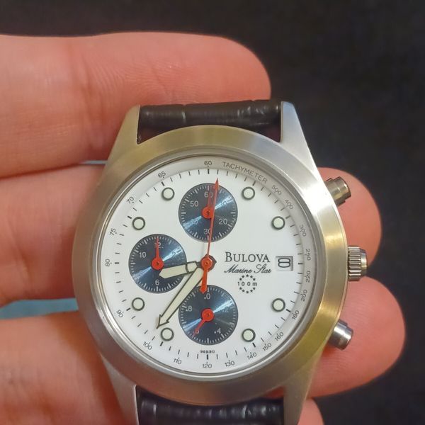 Vintage A0 2000 Bulova White Dial Marine Star 96B30 38mm Watch WORKS ...