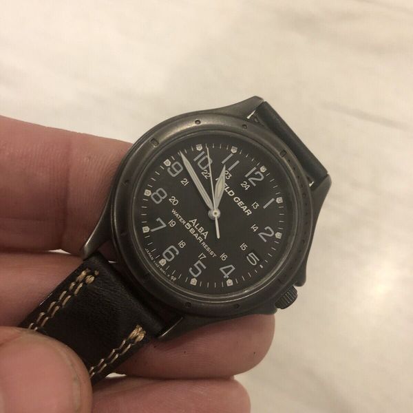 Rare Seiko Alba black Field Gear Military Quartz on leather strap ...