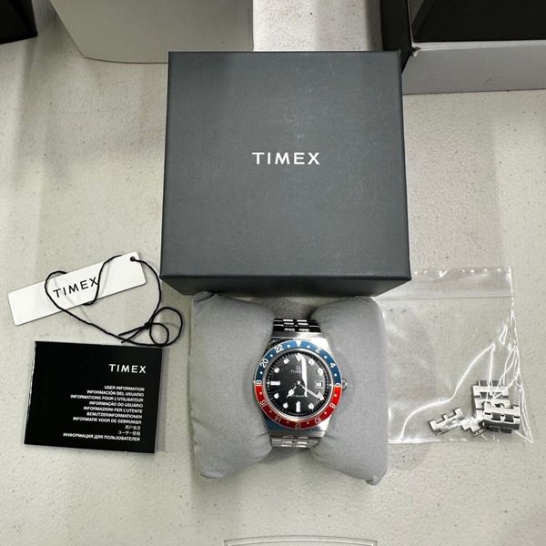 Timex Men's Watch Q Timex GMT Vintage Style Pepsi Bezel TW2V38000 USED ...