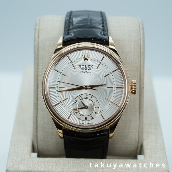 FSOT: Rolex 52505 CELLINI 18K ROSE GOLD DUAL TIME SILVER DIAL FULL SET ...