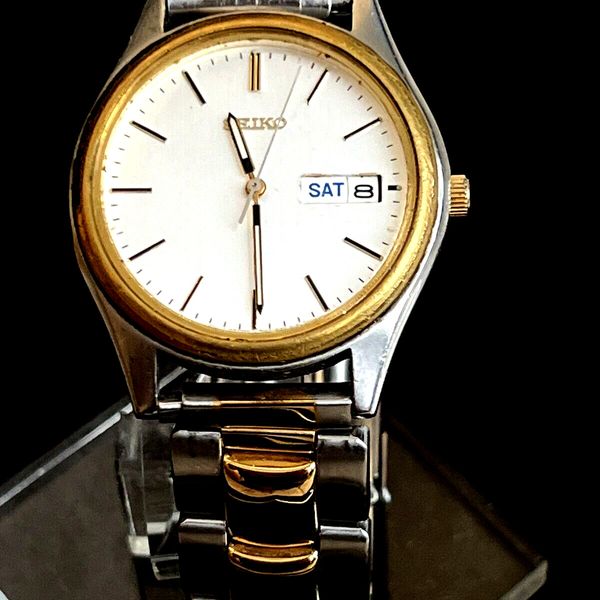 Vtg Seiko Watch Men Gold Silver Tone Day Date 7N43-9048 Stretch Band ...
