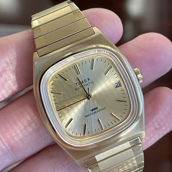 Q Timex 1983 Automatic Reissue Classic Stainless Steel Gold 34mm Watch ...