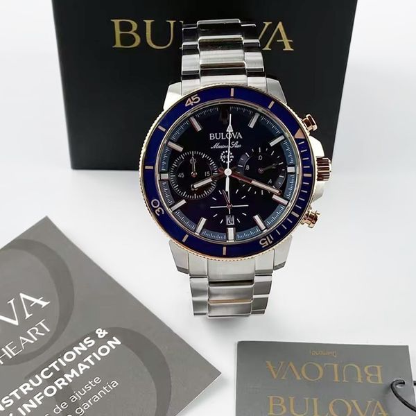 Bulova Men's Marine Star Blue Rose Gold Dial Steel Chronograph Watch ...