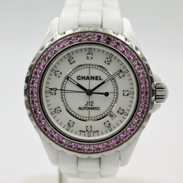 FS:Chanel J12 White Ceramic with Pink Sapphire bezel with box and paper ...