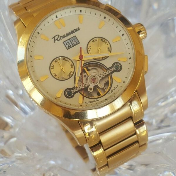 ROUSSEAU AUTOMATIC OPEN /BACK 35 JEWELS DAY DATE MONTH -GOLD BAND (251 ...