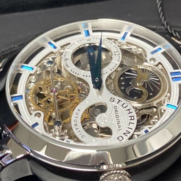 Stuhrling 3924 1 Anatol Automatic Skeleton Dual Time AM/PM Leather Mens ...