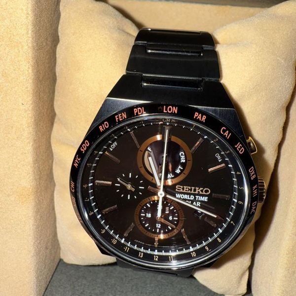 Seiko World Time Solar V195-0AE0 Men's Watch Black Rose Gold 2017 ...