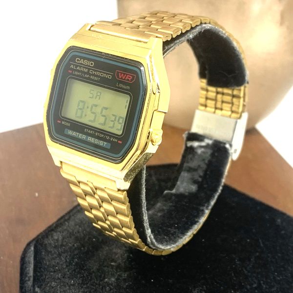 Casio Mens Watch A159WGE Digital Quartz Black Dial Gold Stainless Steel ...